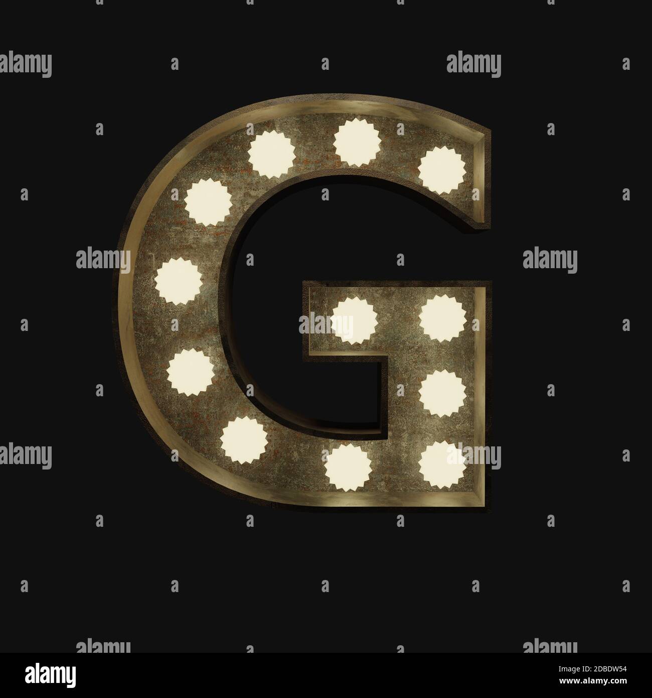Metal letter G with small lamps on a dark background, 3d rendering ...