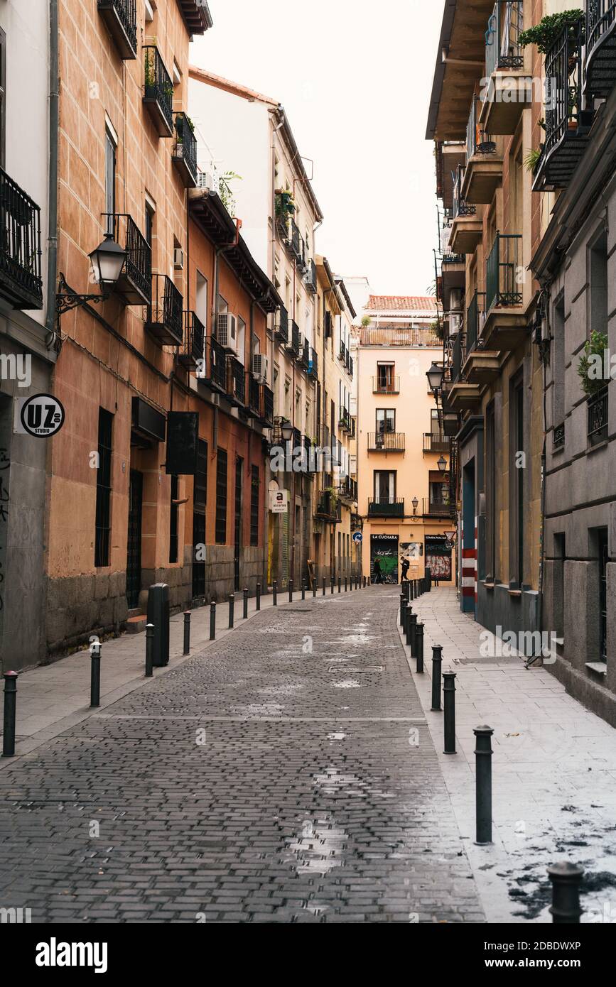 Madrid, Spain - October 2, 2020: Typical street amidst old residential ...