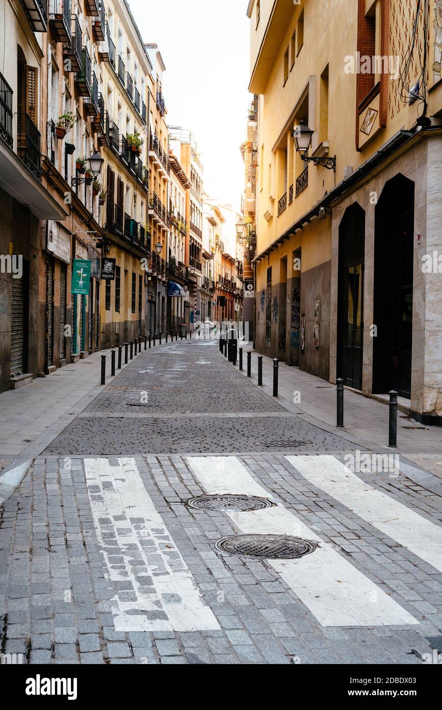 Madrid, Spain - October 2, 2020: Typical street amidst old residential ...