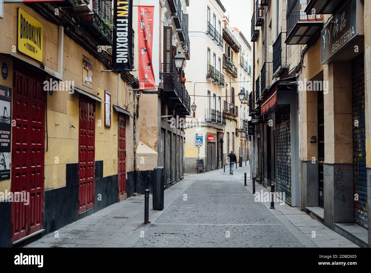 Madrid, Spain - October 2, 2020: Typical street amidst old residential ...
