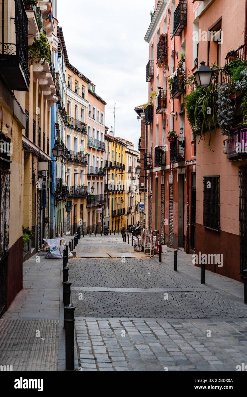 Madrid, Spain - October 2, 2020: Typical street amidst old residential ...