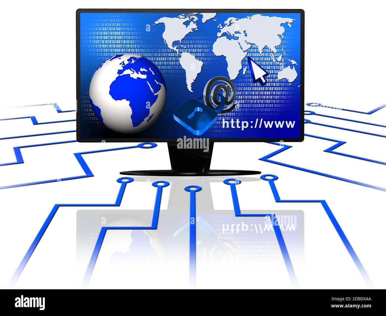 TV with shown earth globe in front of the world map and binary code ...