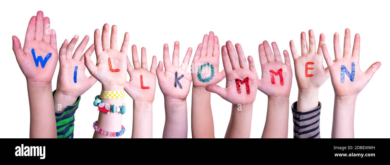 Children Hands Building Colorful Word Willkommen Means Welcome. White ...