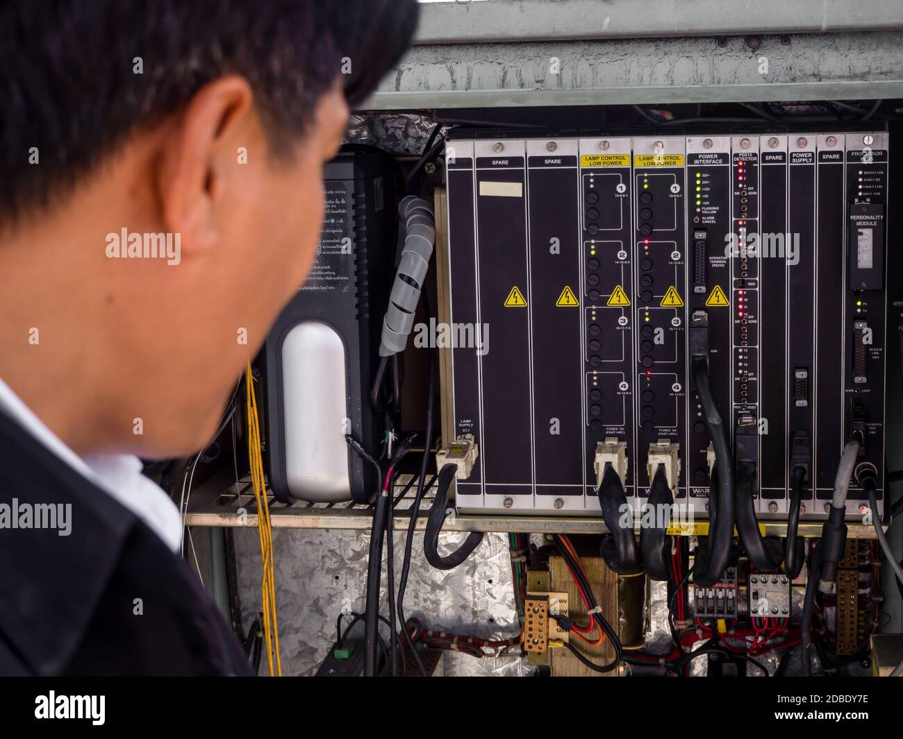 Electrical panel at a assembly line factory. Controls and switches ...