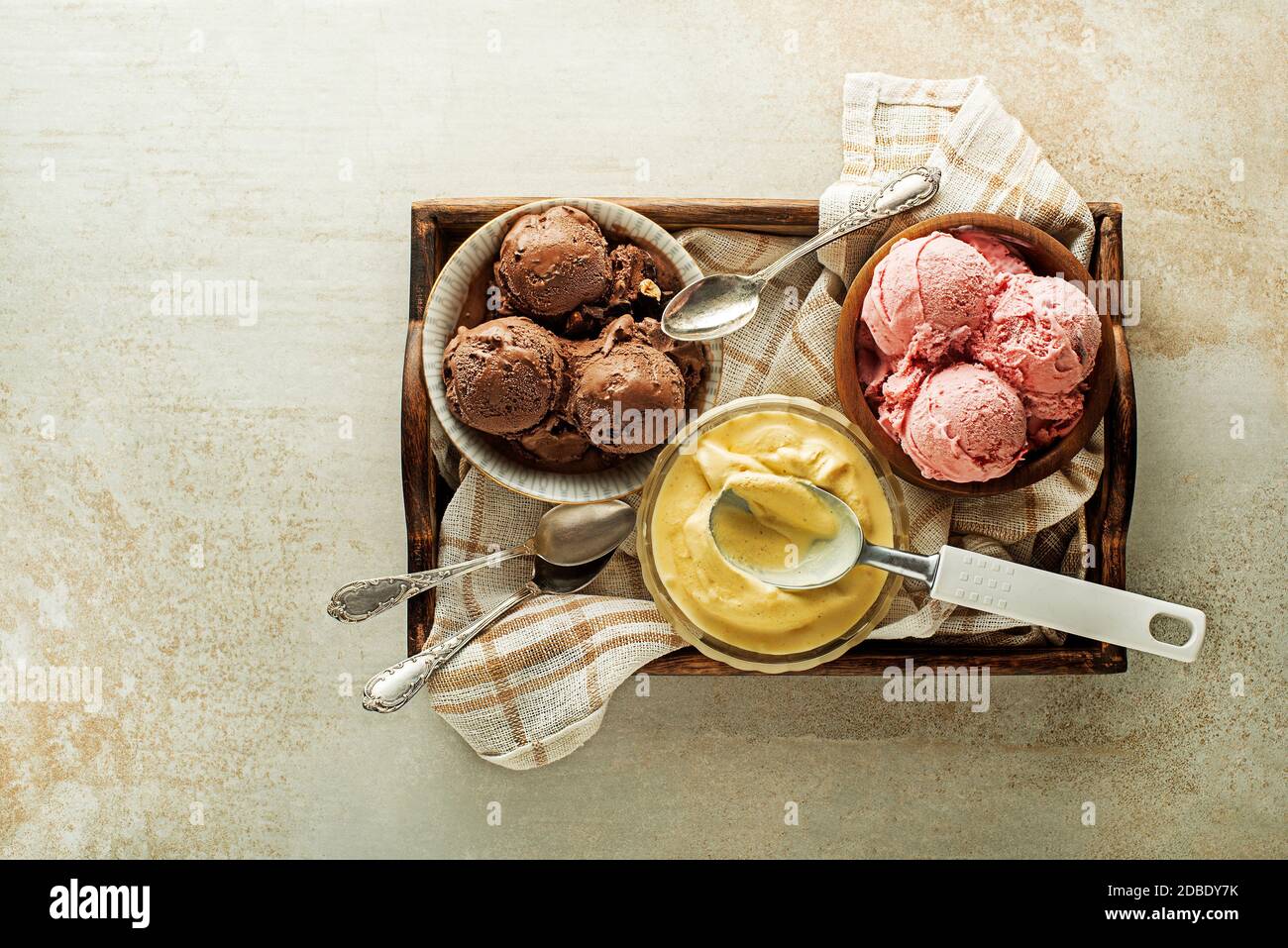 Variety of Ice cream scoops with chocolate, strawberry and vanilla ...