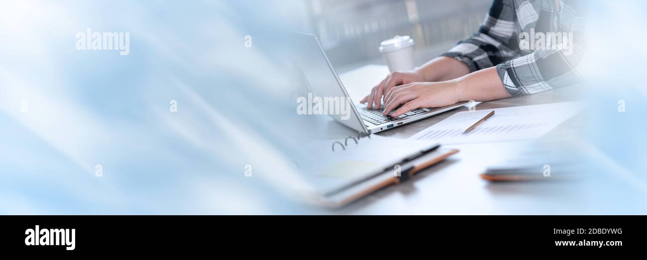 Female hands typing on laptop keyboard; panoramic banner Stock Photo ...