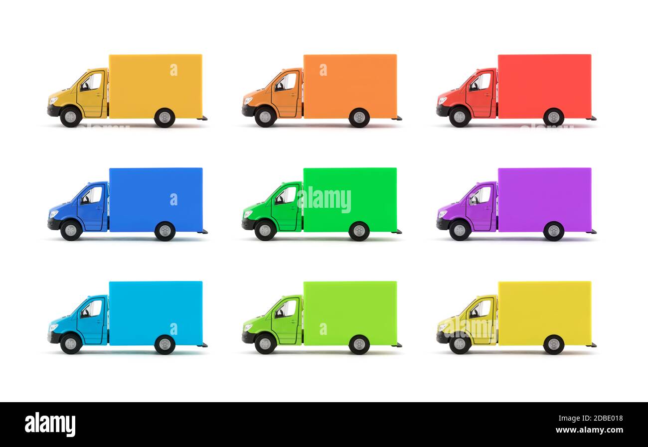 Group of colorful cargo delivery trucks on white background Stock Photo ...