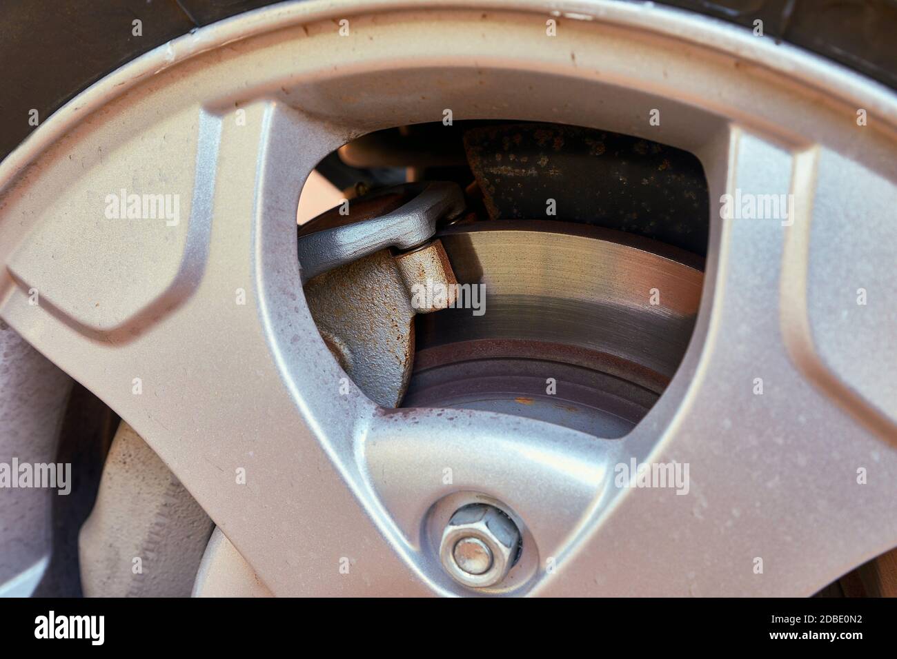 Wheel of modern SUV vehicle, break caliper and rotor, car detail ...