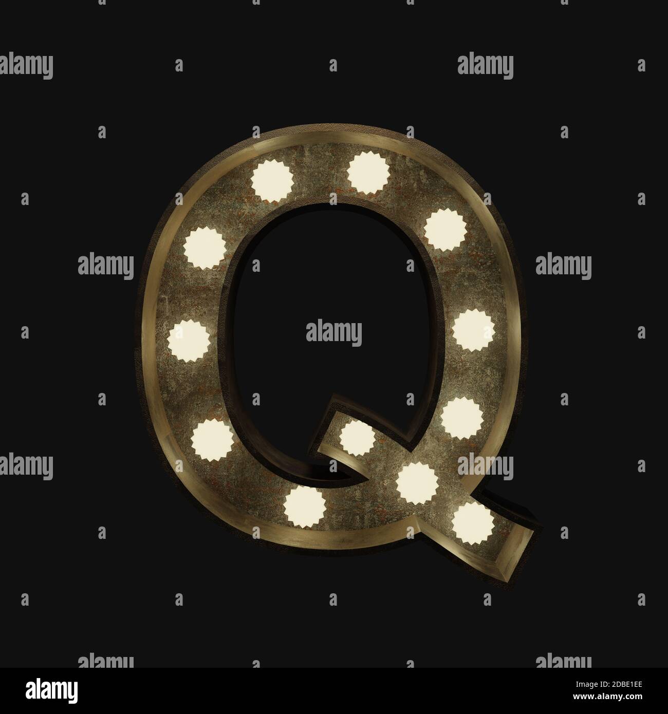 Metal letter Q with small lamps on a dark background, 3d rendering ...