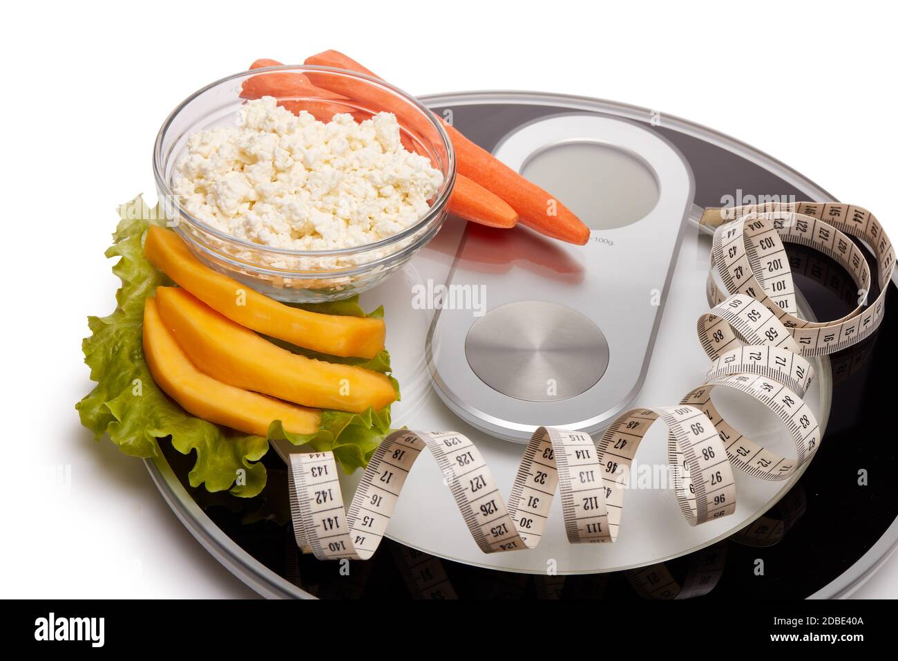 Slimming, diet, and control of weight. Still life with healthy food ...