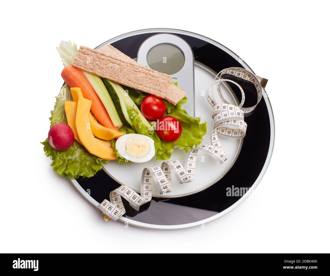 Slimming, diet, and control of weight. Still life with healthy food ...