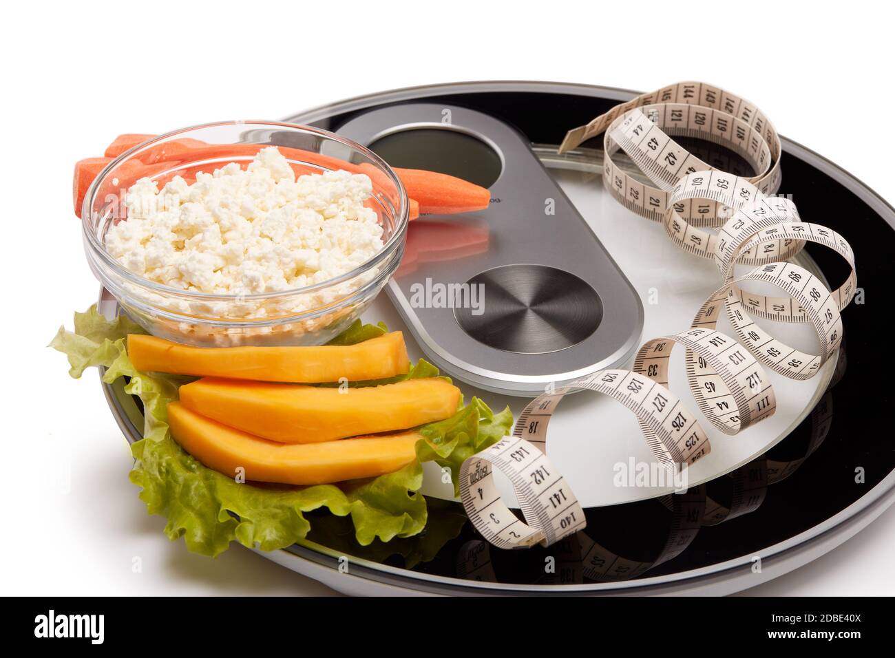 Slimming, diet, and control of weight. Still life with healthy food ...