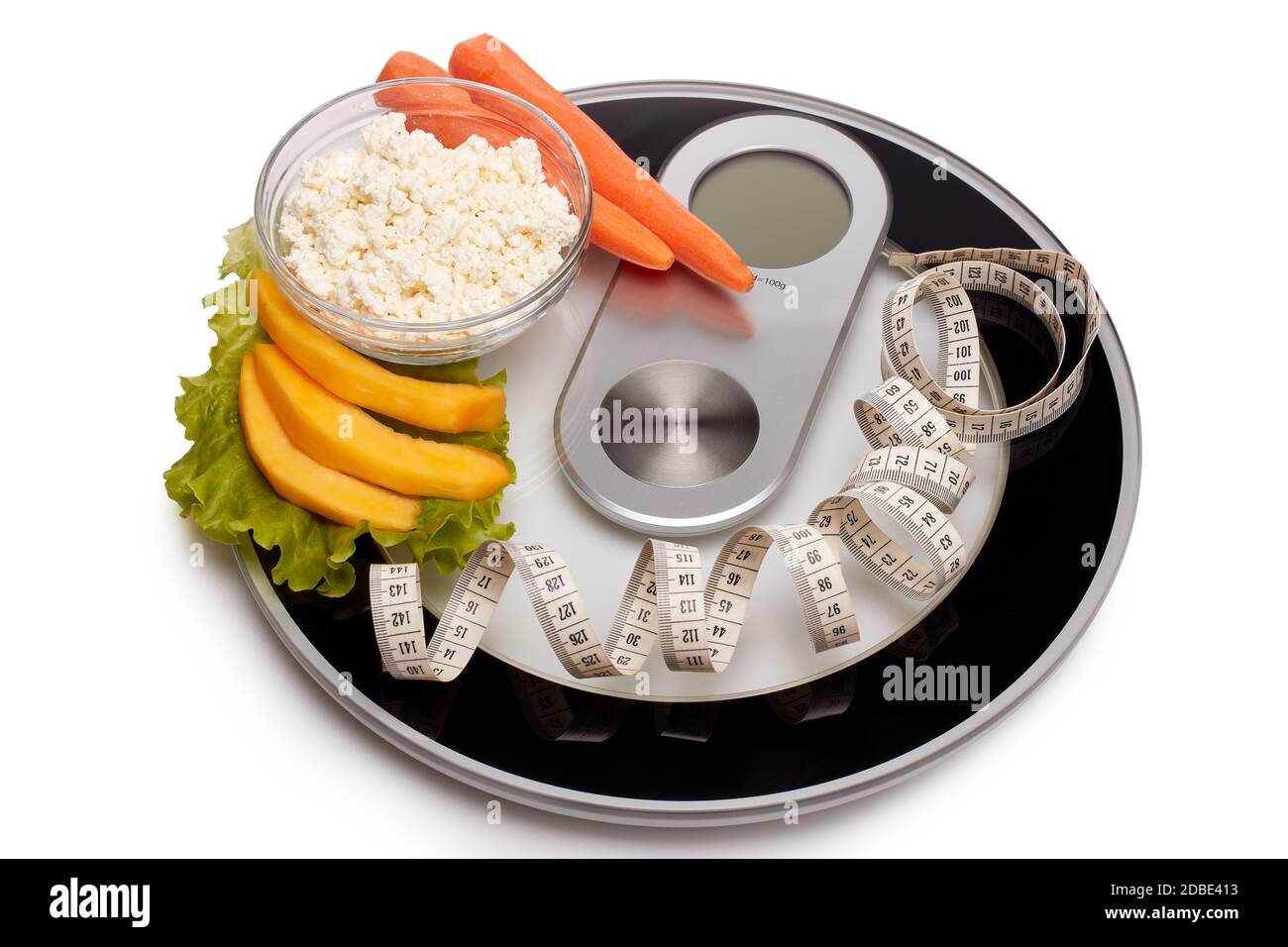Slimming, diet, and control of weight. Still life with healthy food ...