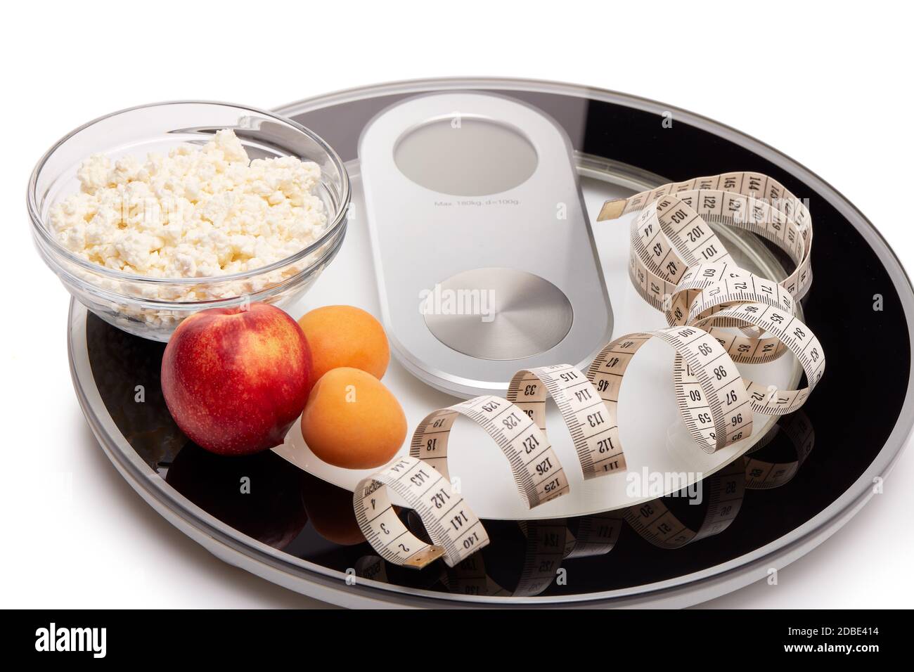 Slimming, diet, and control of weight. Still life with healthy food ...