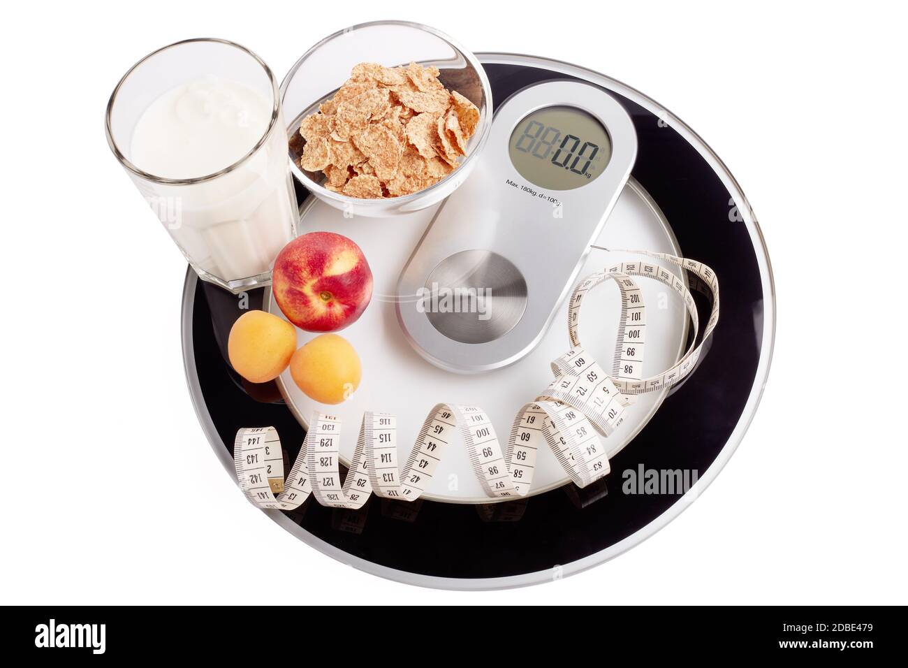 Slimming, diet, and control of weight. Still life with healthy food ...