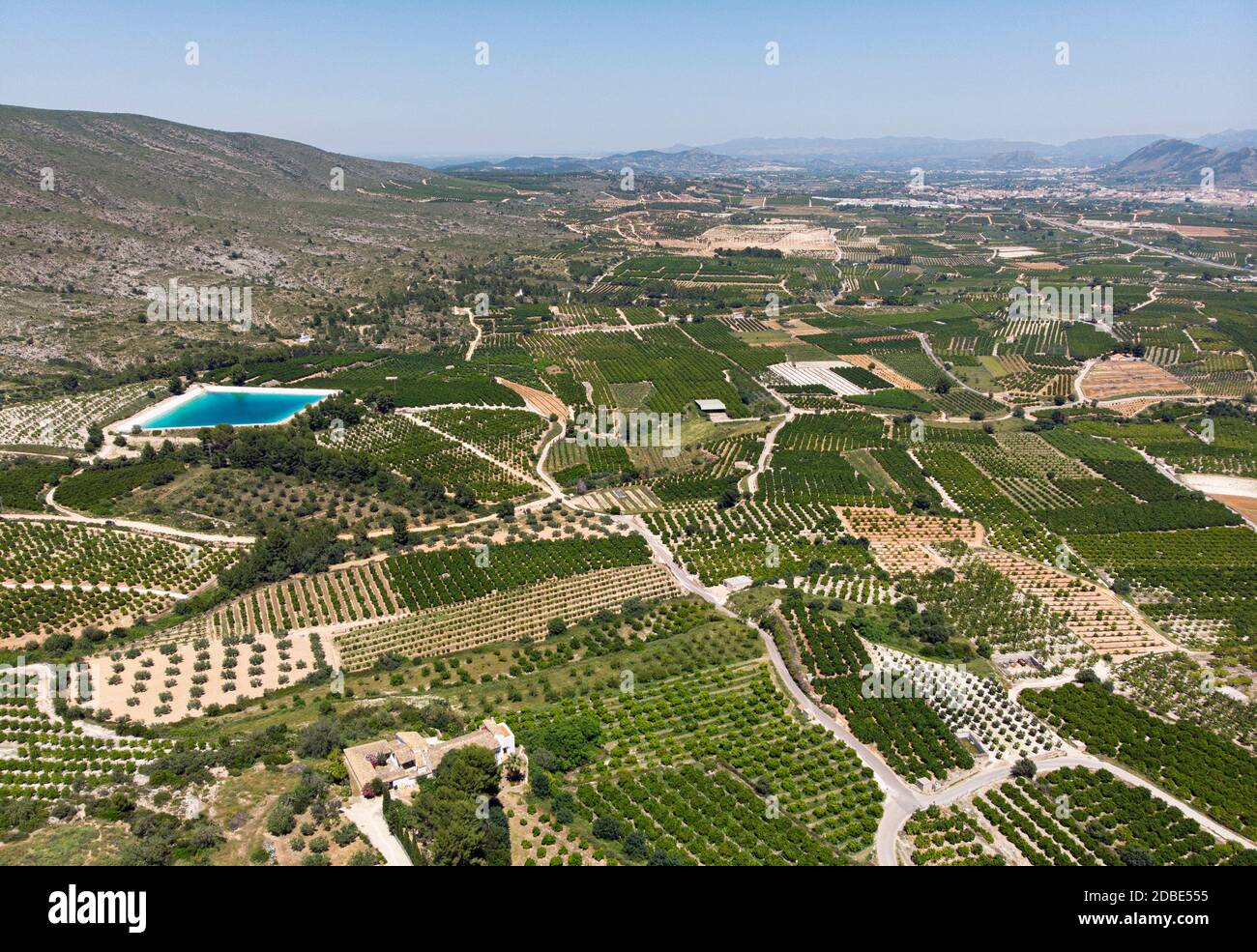 Aerial view of Montesa countryside with agricultural fields and ...