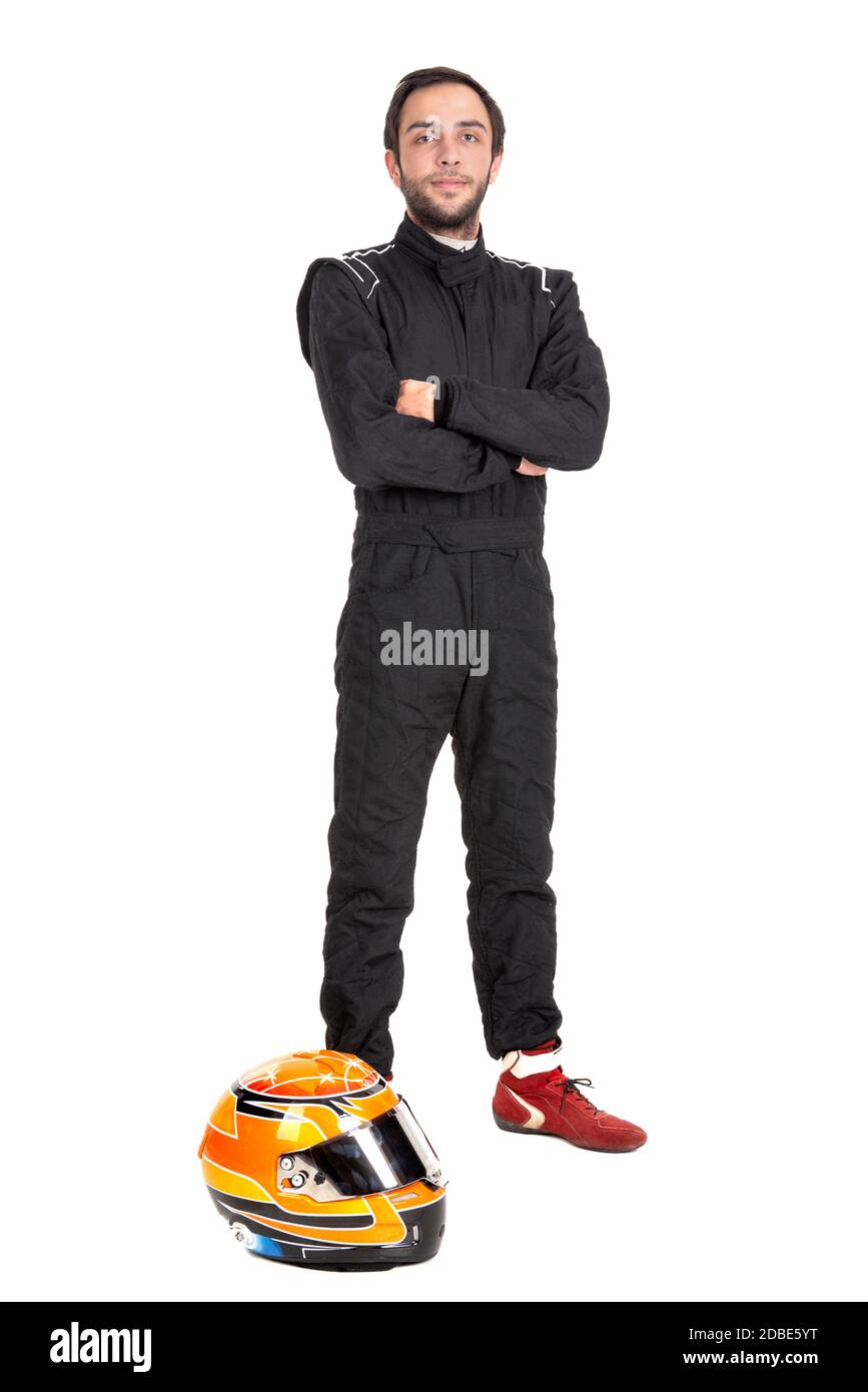 Racing driver posing with helmet isolated in white Stock Photo - Alamy