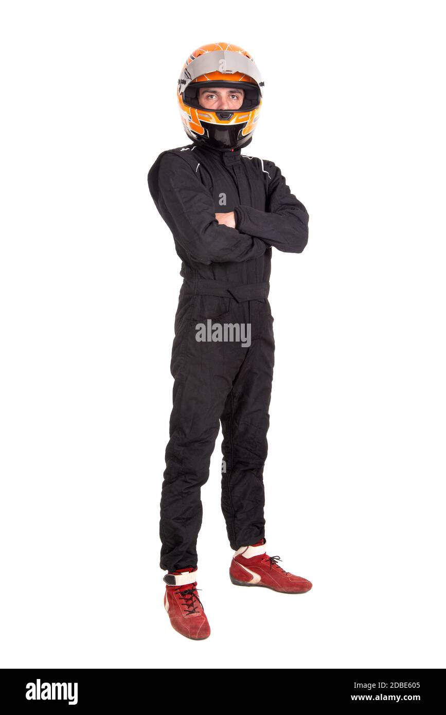 Racing driver posing with helmet isolated in white Stock Photo - Alamy