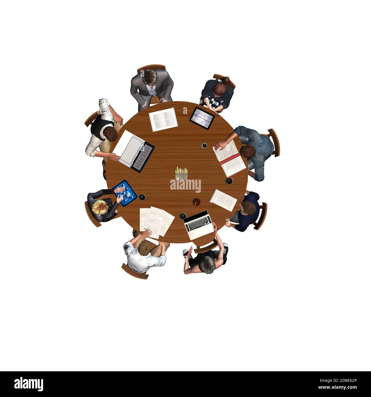 People sitting at a round table in a meeting - business - top view ...
