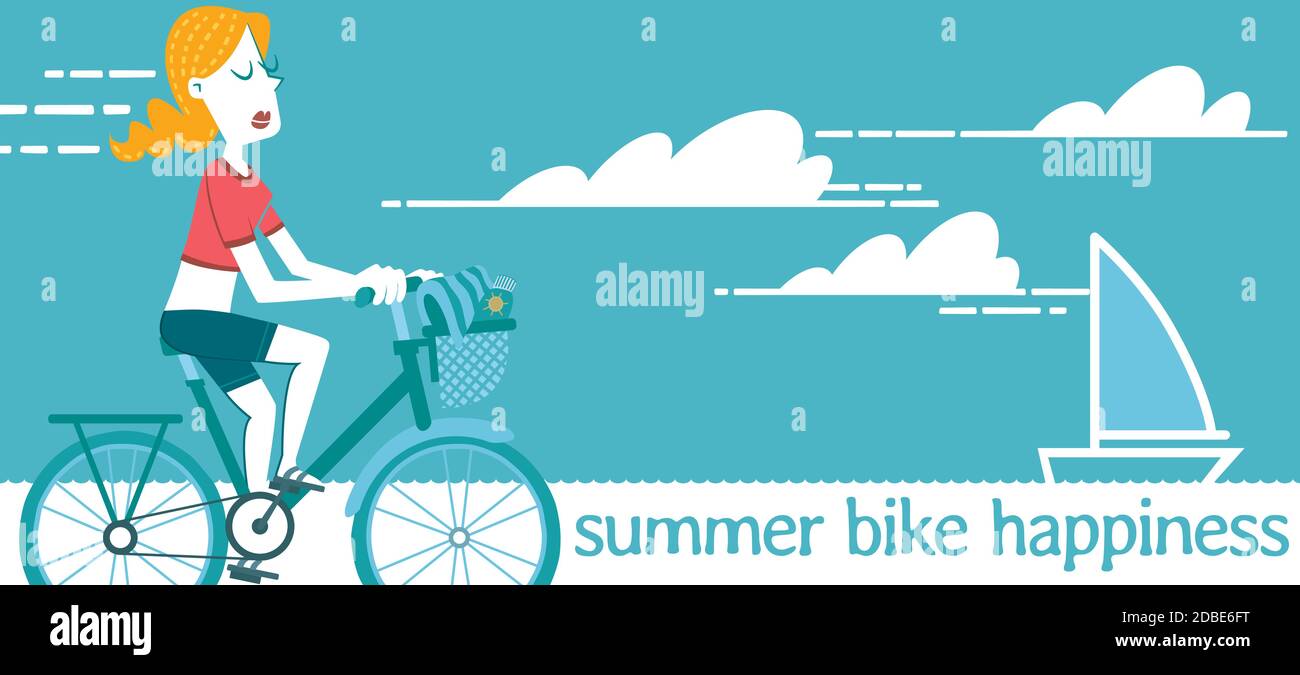 Illustration of a woman taking a bike ride on a beautiful summer day ...