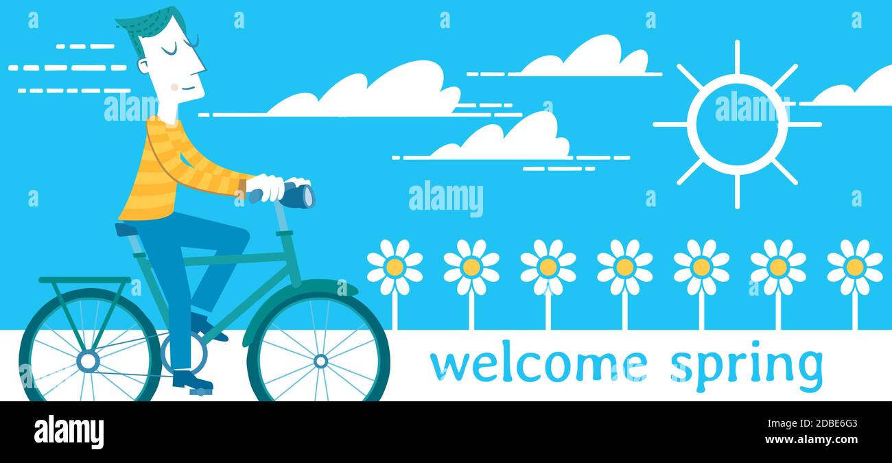 Illustration of a man taking a bike ride on a sunny spring day Stock ...