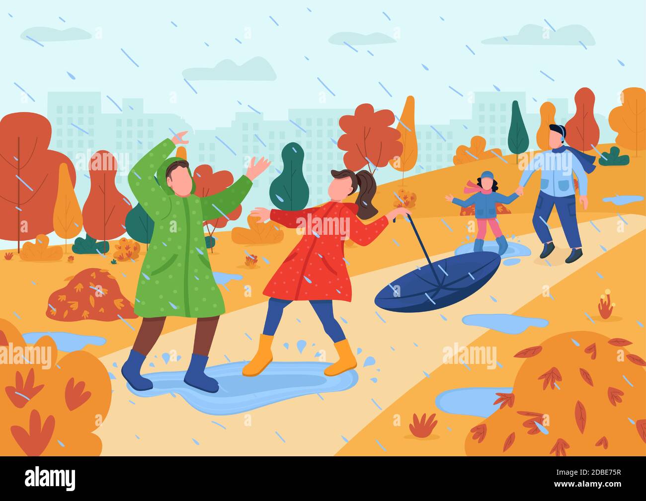 Kids play in rain semi flat vector illustration Stock Vector Image ...