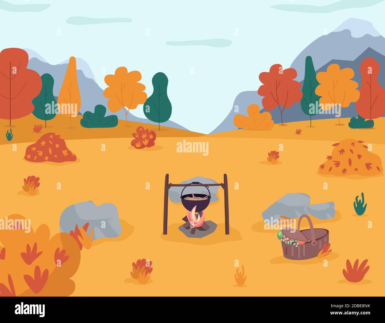 Picnic in autumn forest semi flat vector illustration Stock Vector ...