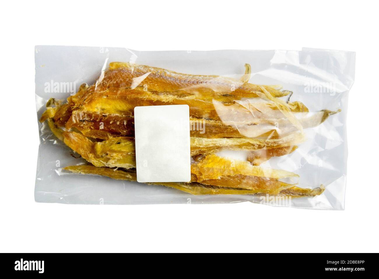 Dried tuna fillet in a transparent package with white label appetizer ...