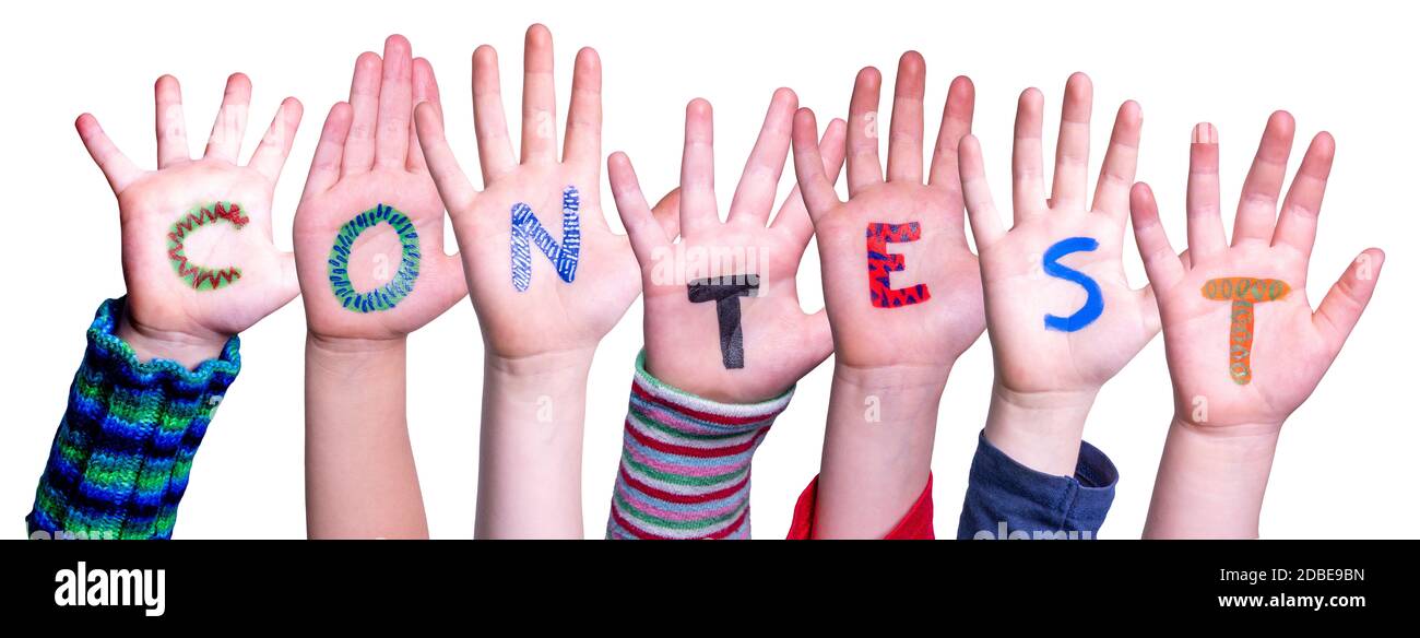Children Hands Building Colorful Word Contest. White Isolated ...