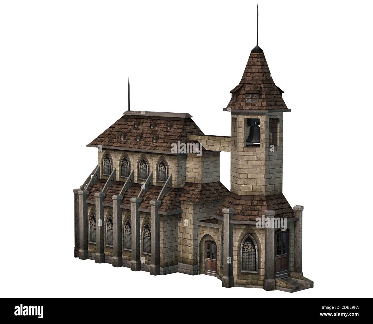 Medieval church with bell tower on white background Stock Photo - Alamy