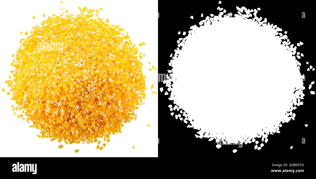 Pile of cornmeal, a coarse ground dried maize seeds, isolated, top view ...