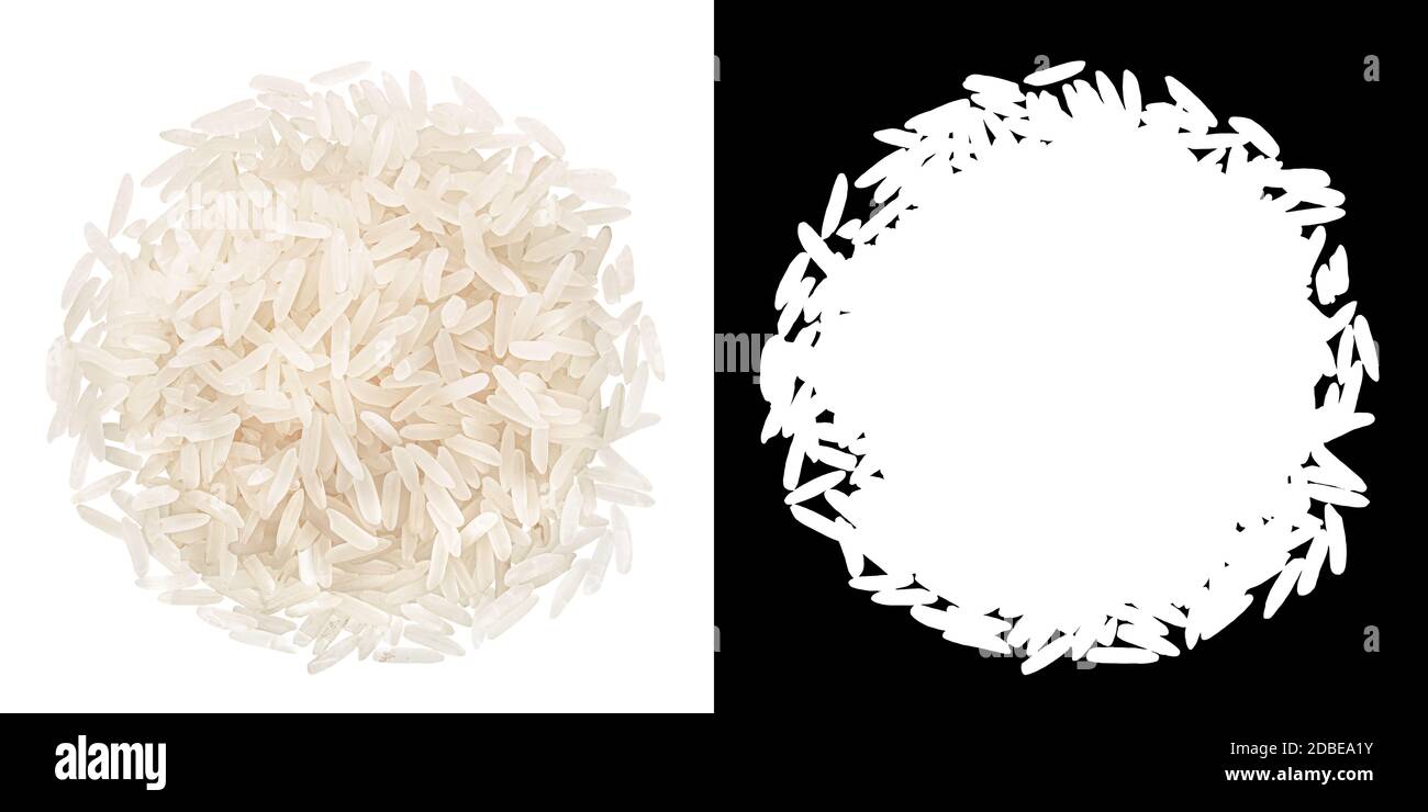 Pile of raw elongated white rice, isolated, top view Stock Photo - Alamy