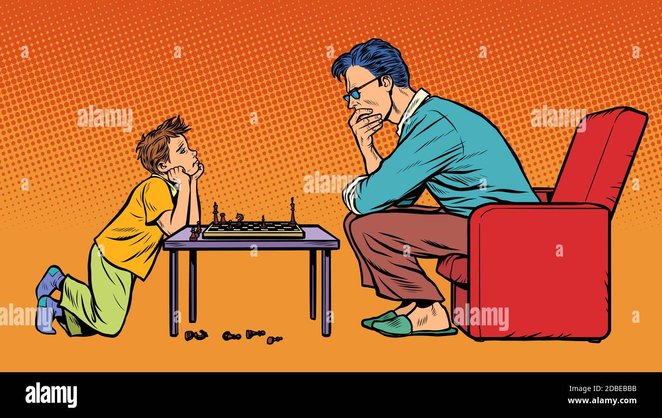 father and son play chess. Pop art retro vector illustration 50s 60s ...