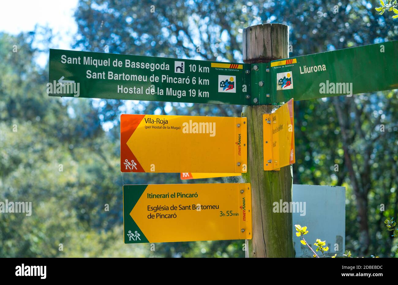 Nature signs, Hiking trails signs, Muga Albanyà Nature Reserve, Alt ...