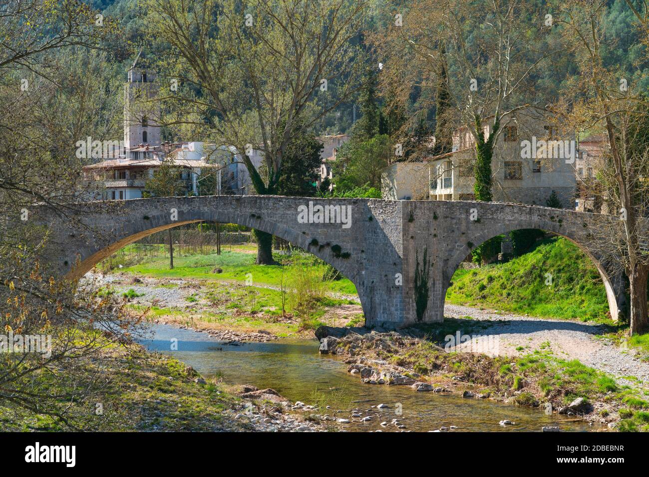 Medieval bridge, Muga river, Sant Llorenç de la Muga village, Muga ...