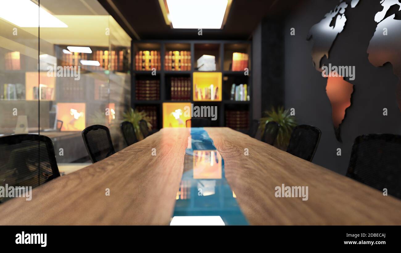 Modern meeting room in office with acrylic wooden table and book shelf ...