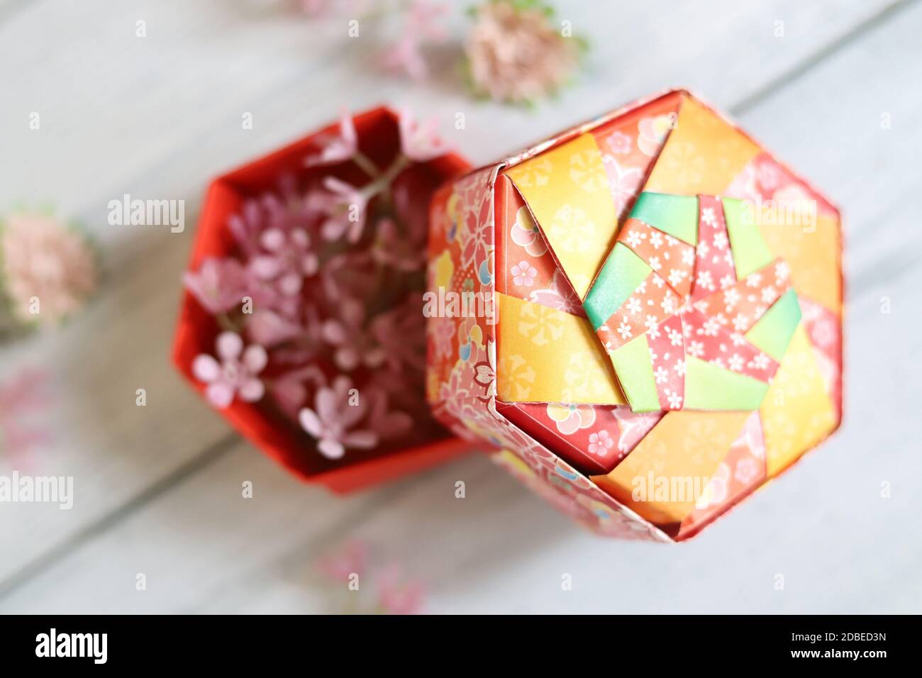Colorful Japanese patterned hexagonal origami box with lid Stock Photo ...