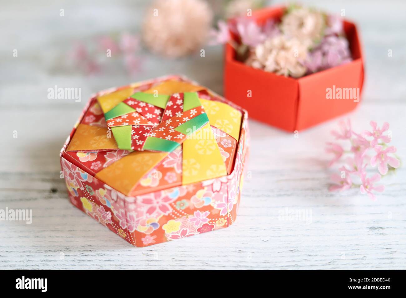 Colorful Japanese patterned hexagonal origami box with lid Stock Photo ...