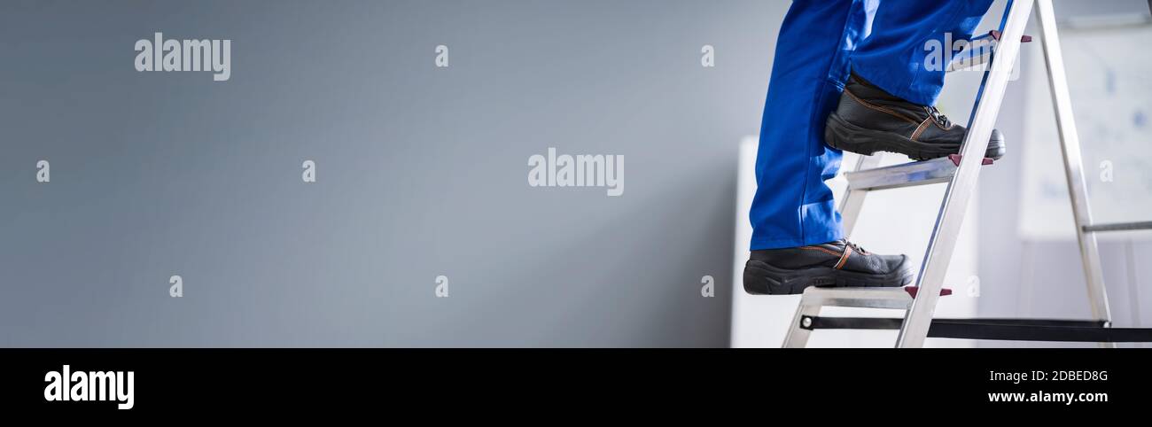 Man In Shoes On Step Ladder. Work Safety Stock Photo - Alamy