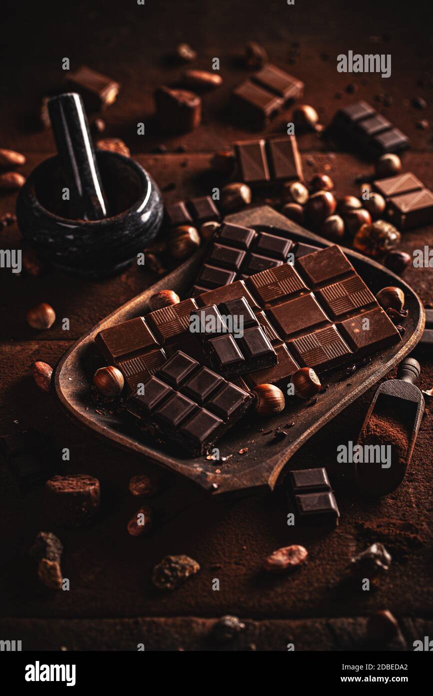 Chocolate composition with chocolate bar, cocoa powder and cocoa beans ...