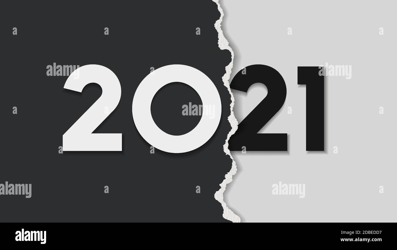 2021 new year. White and black numbers with shadow are on torn paper ...