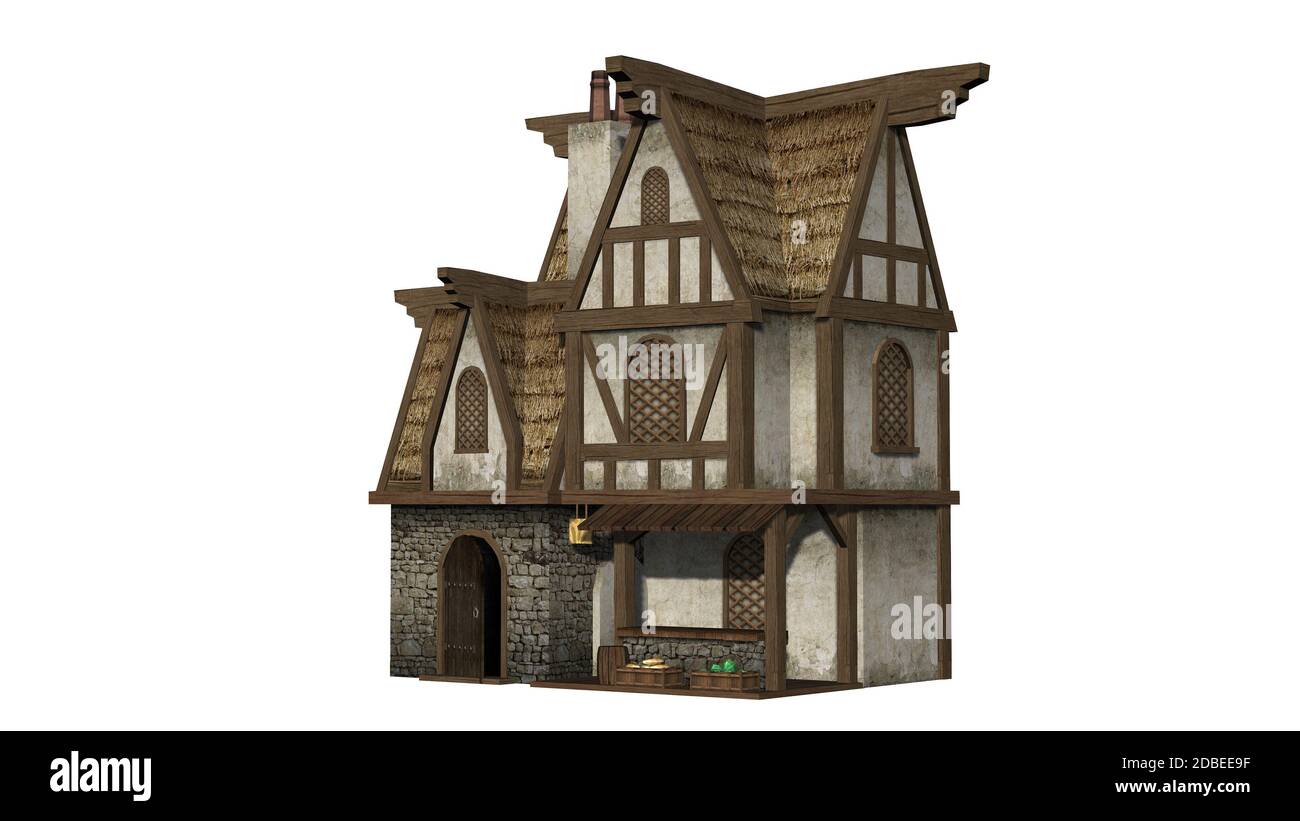 Bakery medieval building on white background Stock Photo - Alamy