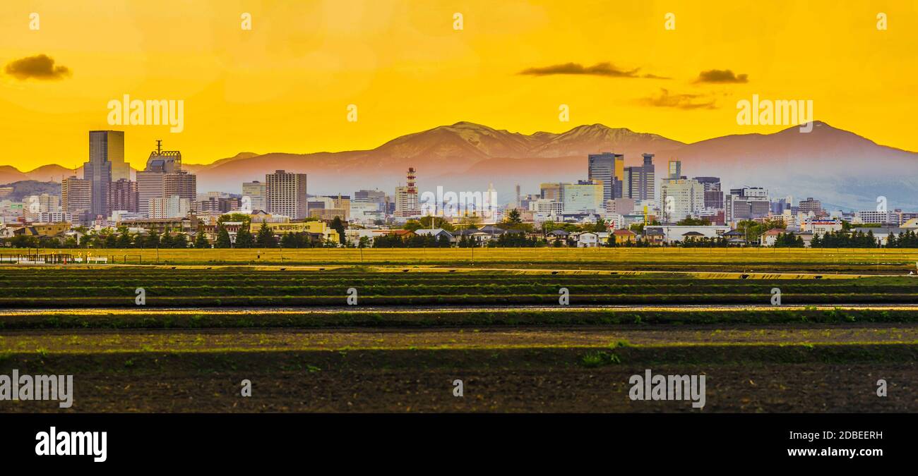 Sendai City downtown skyline and sunset. Shooting Location: Sendai ...