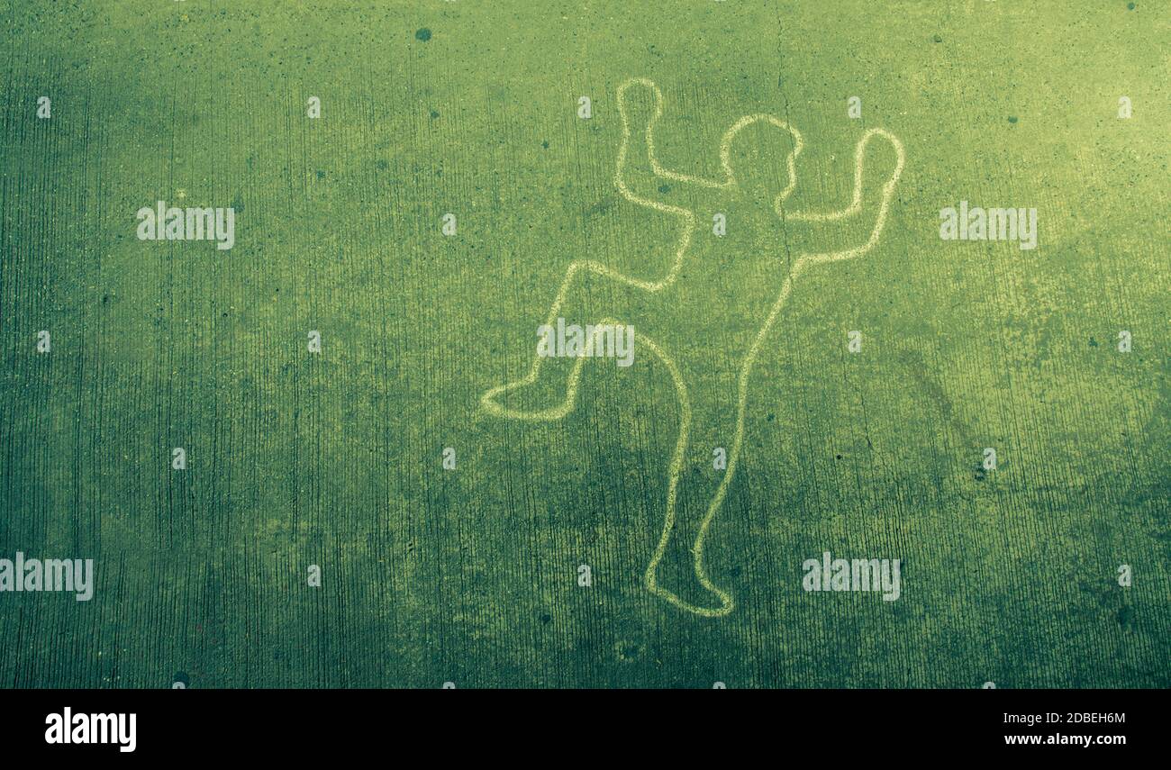 Crime scene chalk line of an auto accident with tire skid marks leading ...
