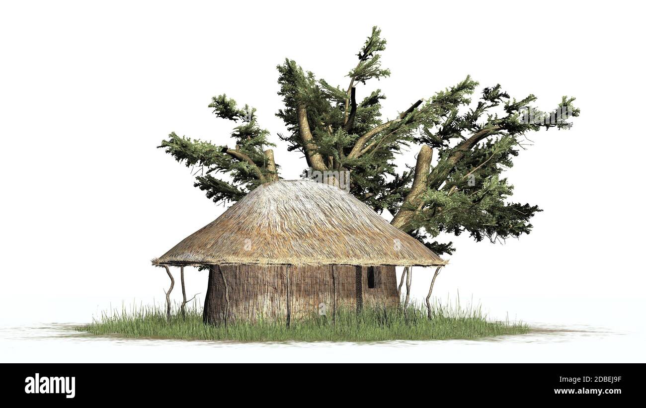 Thatch hut and tree on white background Stock Photo - Alamy