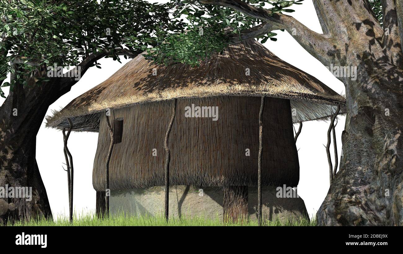 Thatch hut and trees on white background Stock Photo - Alamy
