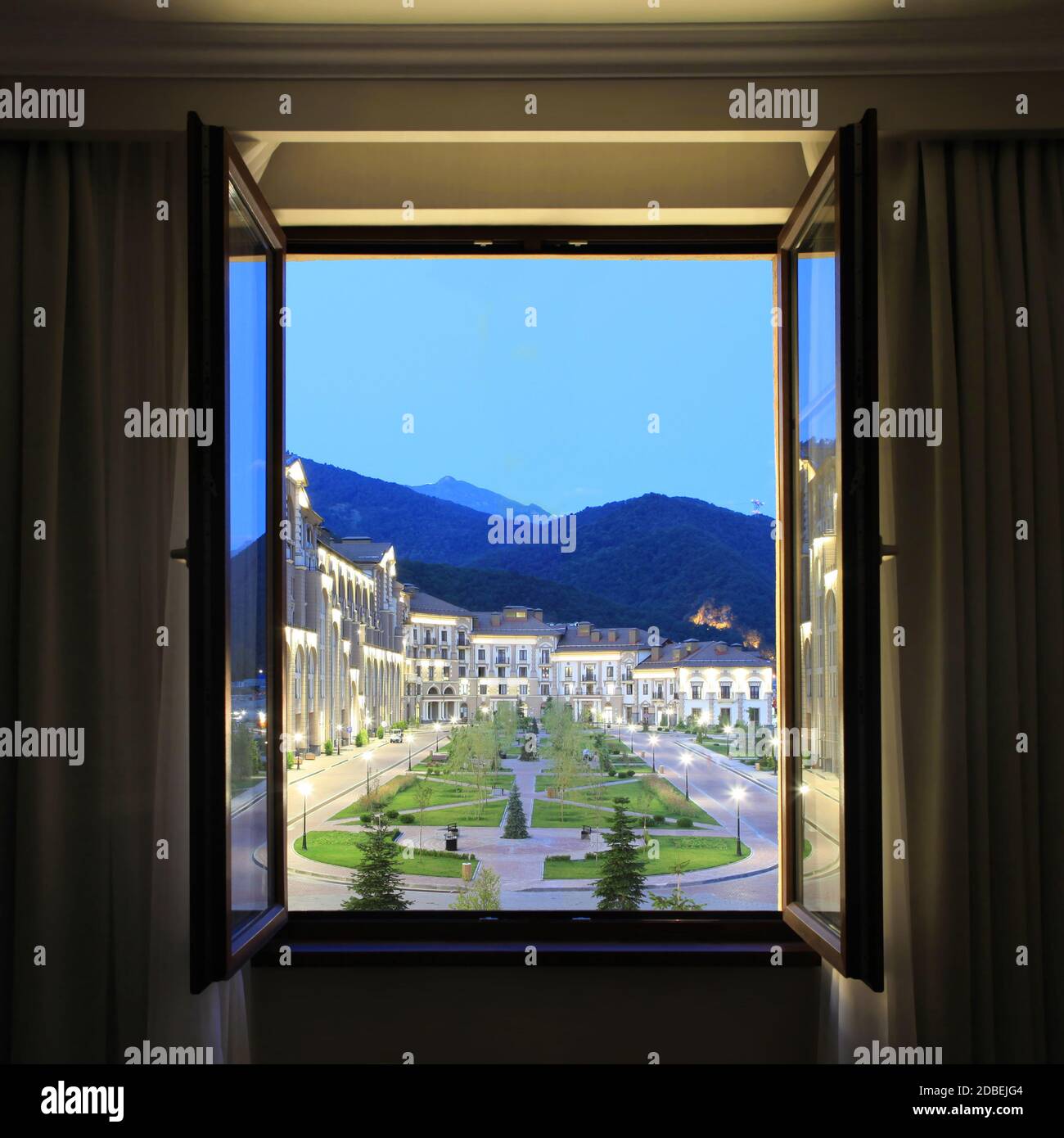 Open window view mountains hi-res stock photography and images - Alamy