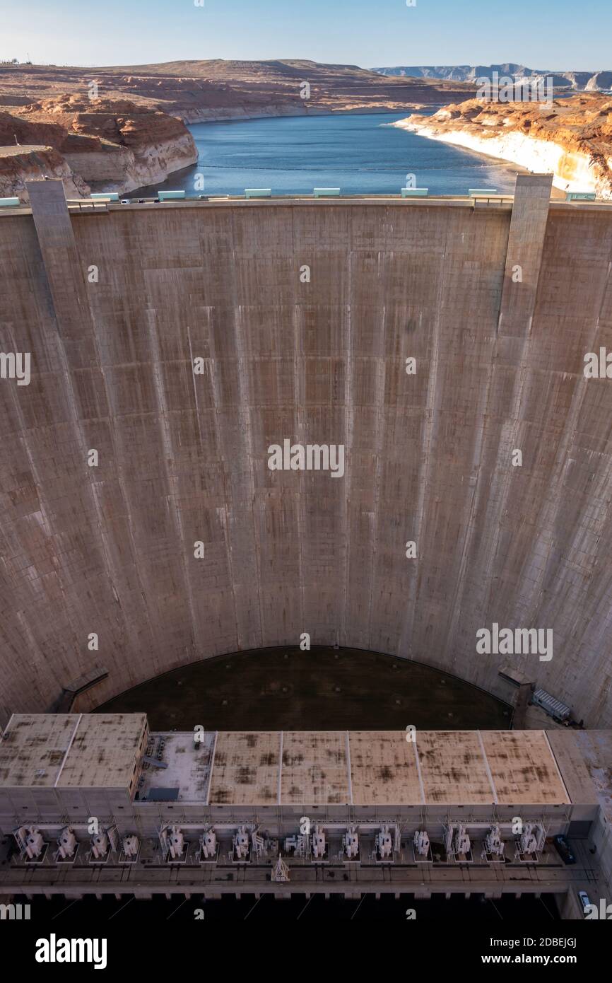 Glen Canyon Dam with Lake Powell in the Desert rural area of Page city ...