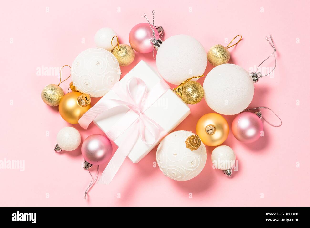 Christmas pink flat lay background with holiday decorations Stock Photo ...