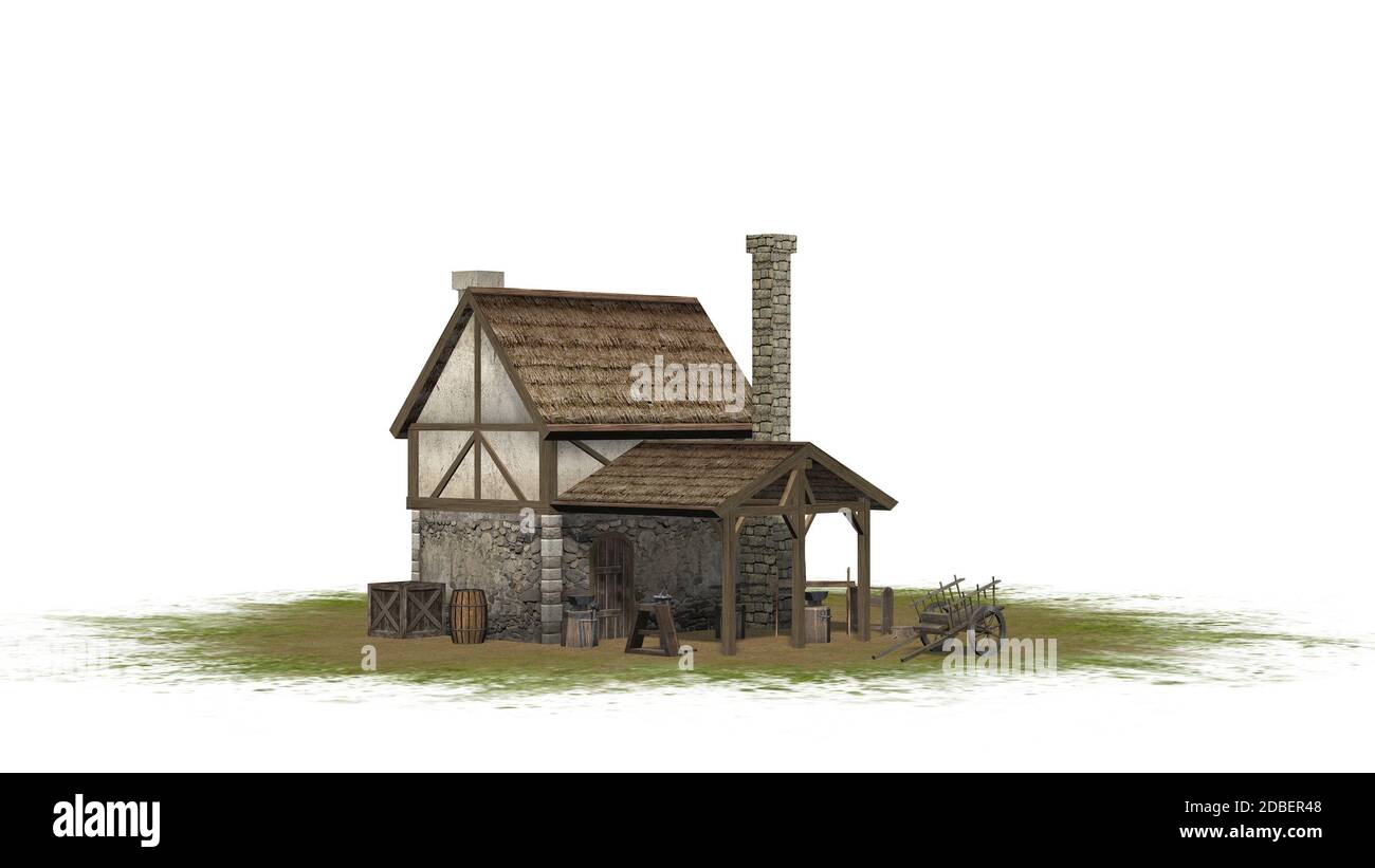 Medieval forge on a green area on white background Stock Photo - Alamy